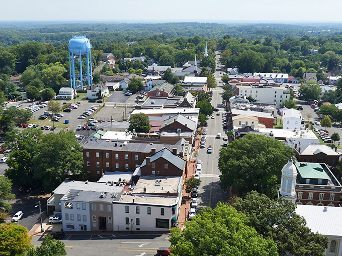 From above, Warrenton reveals itself as a perfect patchwork of history, community, and green space, with that iconic water tower standing sentinel.
