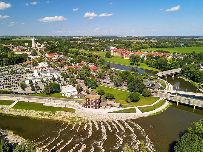 From above, Frankenmuth reveals its perfect planning—a Bavarian village nestled along the Cass River like it was always meant to be there. Michigan's little slice of Europe.