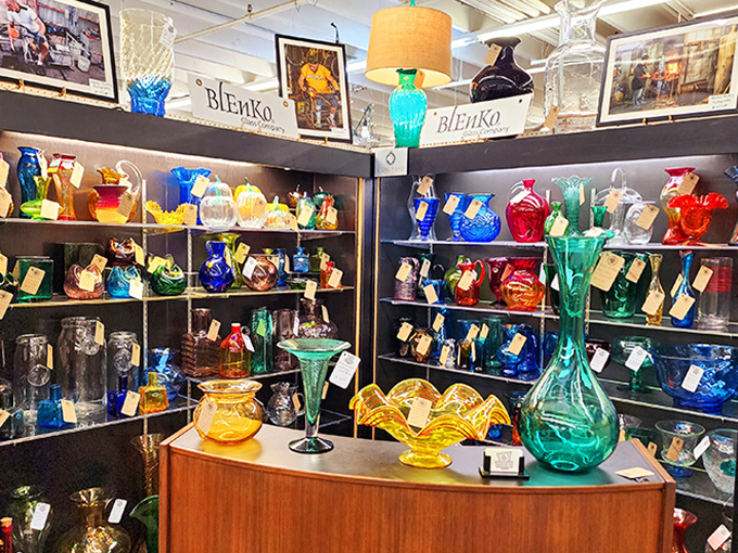 The kaleidoscopic Blenko glass display is a Technicolor dream &ndash; like staring into jewels from some mid-century modern treasure chest.