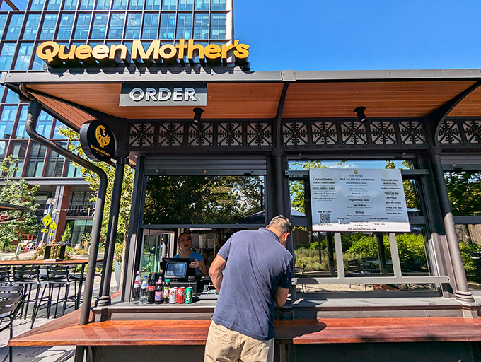 The sleek, modern exterior of Queen Mother's Kitchen belies the soulful Southern comfort waiting inside. Architectural chicken paradise!