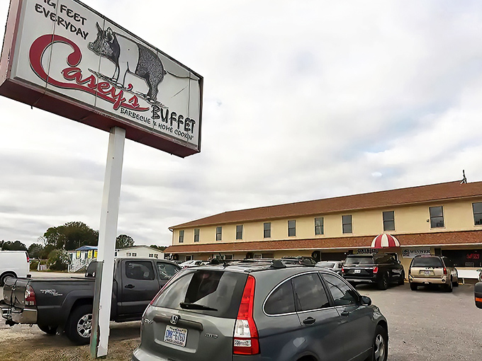 The unassuming exterior of Casey's Buffet hides a Southern food paradise within. Like finding a treasure chest disguised as an ordinary box.