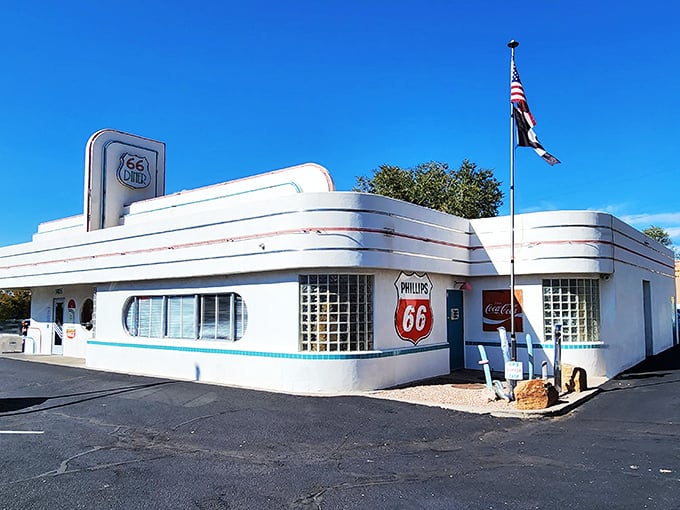 The gleaming white exterior of 66 Diner is like a time machine disguised as a building. Route 66 nostalgia never tasted so good!