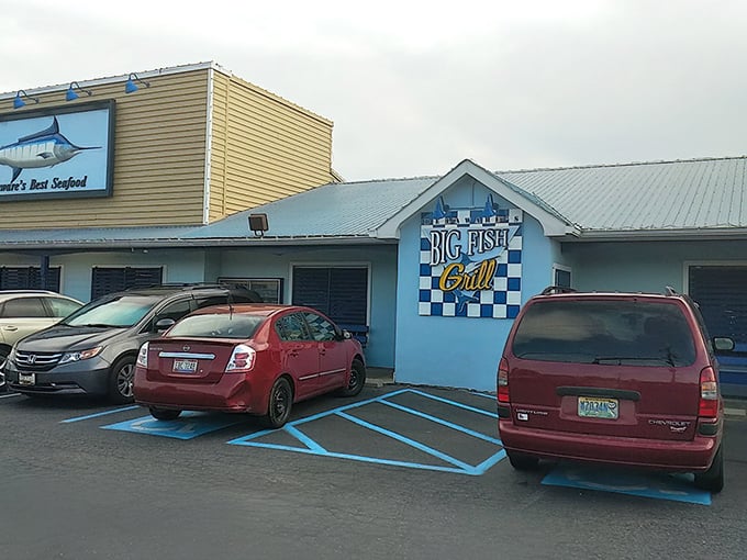 The blue and white checkered sign of Big Fish Grill promises seafood paradise without pretense. Like finding a pearl in a casual oyster!