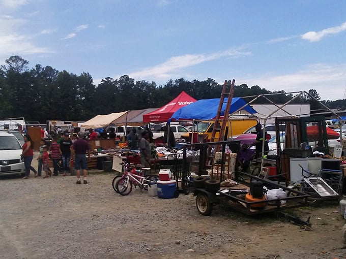 A treasure hunter's paradise! Bill's Flea Market stretches across the horizon with colorful tents and tables filled with potential discoveries waiting to be unearthed.