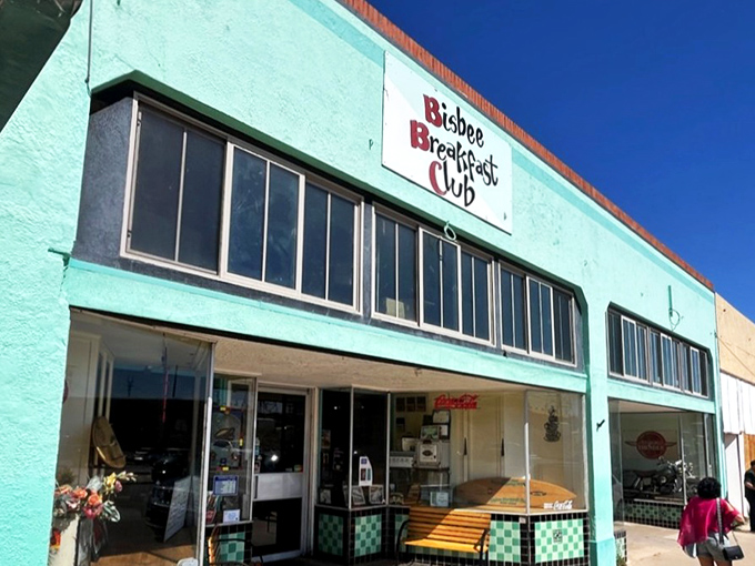 The turquoise facade of Bisbee Breakfast Club beckons like a desert oasis for the breakfast-deprived. Classic diner charm with a side of Arizona sunshine!