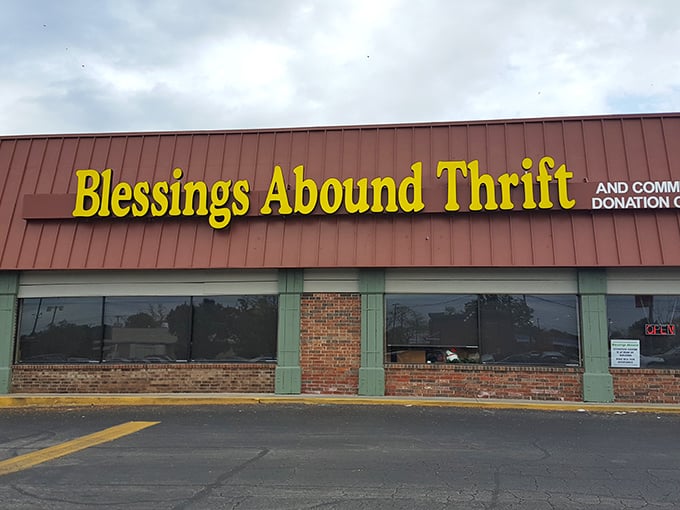 The bright yellow "Blessings Abound Thrift" sign promises treasure hunting that's actually organized. No digging through chaotic piles here!