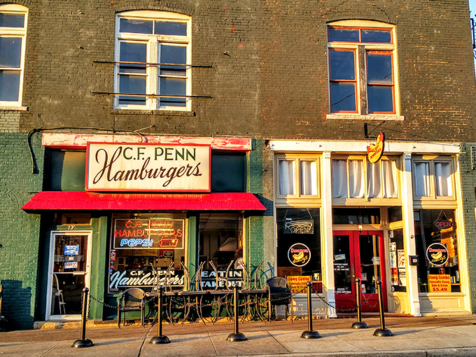 The vintage storefront of C.F. Penn Hamburgers looks like a time machine to the days when burgers cost a nickel and tasted like heaven.