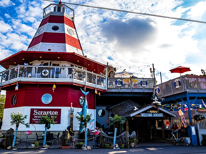 The lighthouse-shaped building stands like a quirky maritime beacon, promising seafood treasures inside this Scranton landmark.