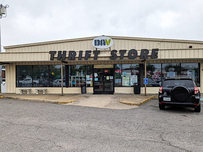 The DAV Thrift Store's unassuming exterior hides a wonderland of treasures inside, like finding the Batcave behind Wayne Manor.