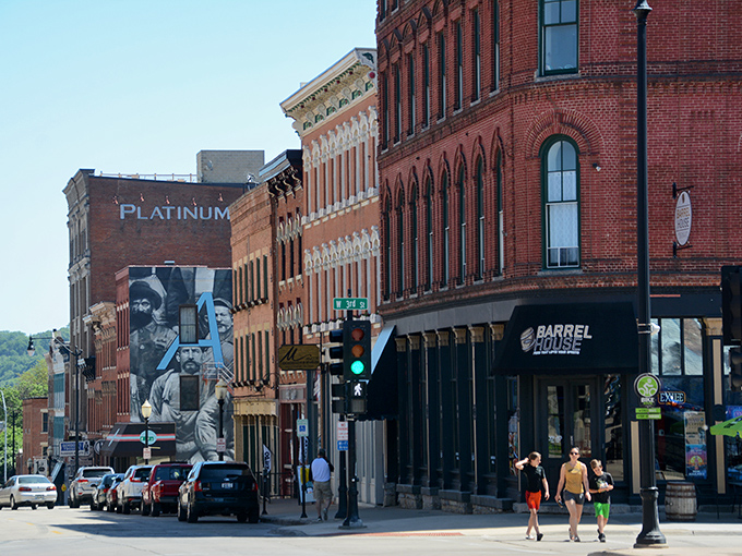 Downtown Dubuque's historic brick buildings stand like a living museum. Main Street charm with Mississippi River views!