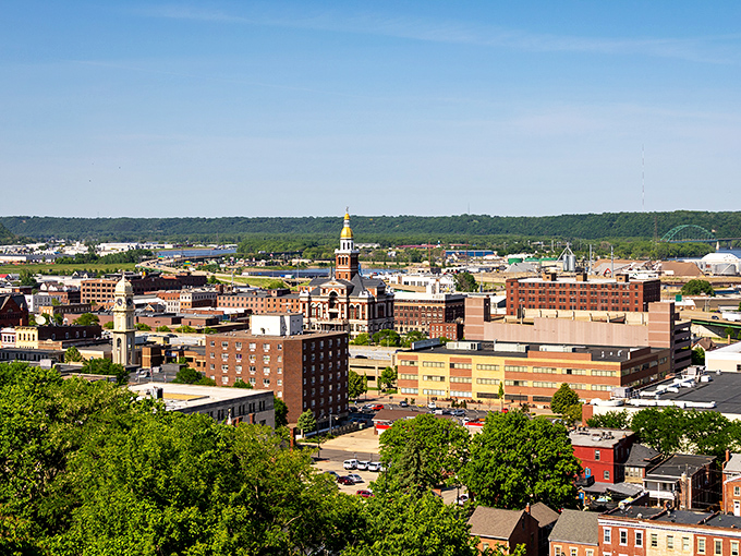 Dubuque's skyline rises proudly along the Mississippi, where church steeples play hide-and-seek with historic brick buildings.