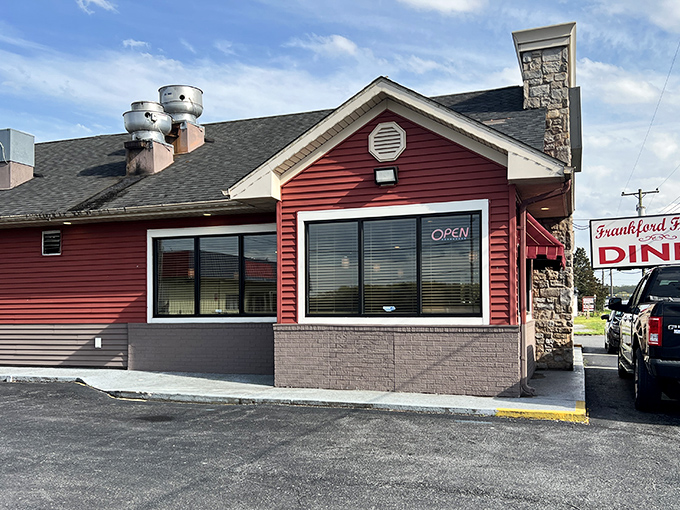 The red exterior of Frankford Family Diner stands out like a culinary lighthouse, beckoning hungry travelers with promises of home-cooked comfort.