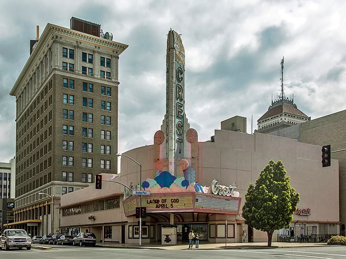 The historic Crest Theatre stands proudly in downtown Fresno, a neon beacon of nostalgia in California's affordable heartland.