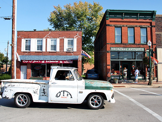 Classic small-town charm on full display! Geneva's brick storefronts and vintage pickup trucks create a Norman Rockwell scene come to life.