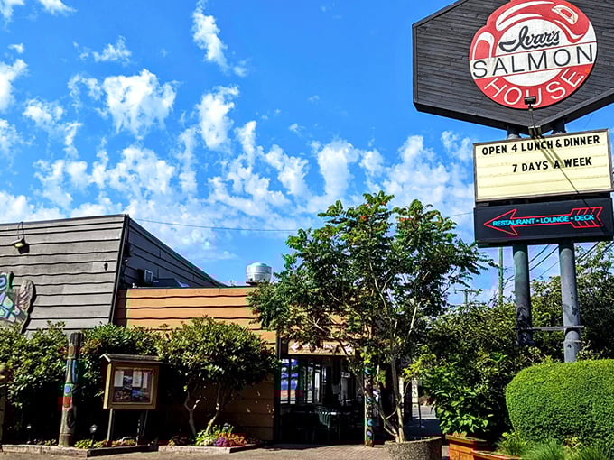 Ivar's iconic salmon sign beckons seafood lovers like a lighthouse for the hungry. Simple outside, seafood magic inside!
