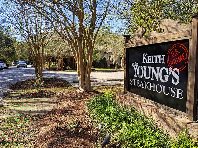 Keith Young's Steakhouse entrance beckons with rustic charm. That "U.S. PRIME" stamp isn't just decoration&mdash;it's a delicious promise.