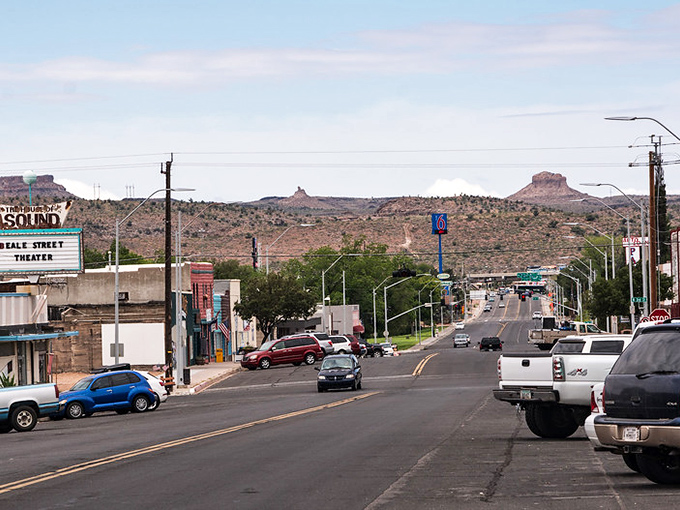 Kingman's main street stretches toward distant mesas, offering small-town charm with big desert views. Route 66 nostalgia without Route 66 prices!