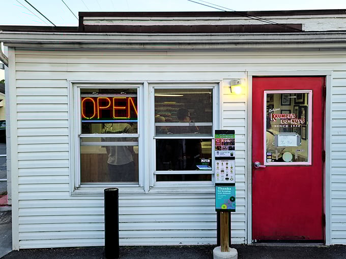 The humble red door of Krumpe's Do-Nuts hides a wonderland of fried dough treasures that locals line up for.