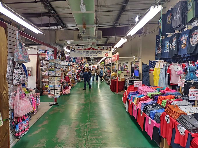 Long corridors filled with colorful treasures! Main Gate Flea Market's green floors lead shoppers on a delightful treasure hunt.