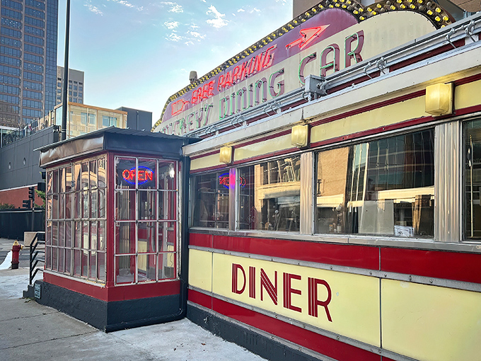 Mickey's Diner sign close-up: "When a diner's sign has more charisma than most restaurants' entire marketing departments. The food lives up to the neon promise!"