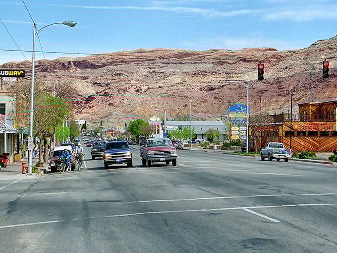 Moab's main street, where adventure seekers and rock lovers come to play amid those magnificent red cliffs. Nature's skyscrapers watch over this little desert gem.