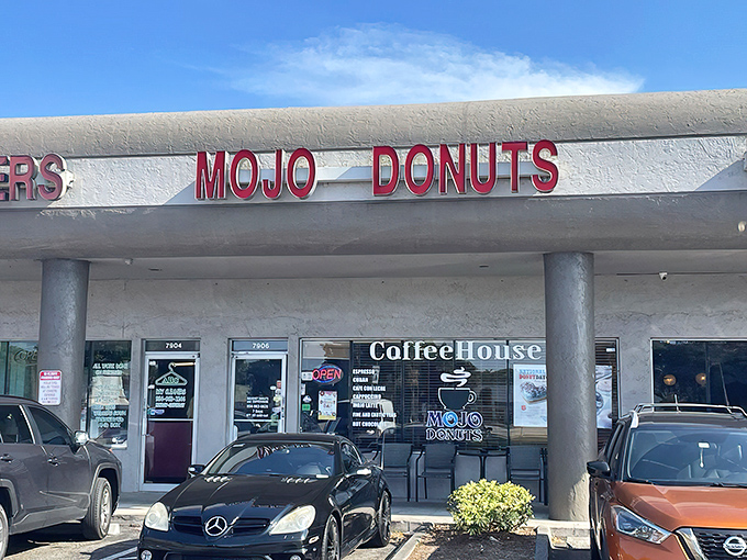 Mojo Donuts storefront beckons like a siren call to sugar-lovers everywhere. The promise of Cuban coffee and creative donuts is worth the trip alone!