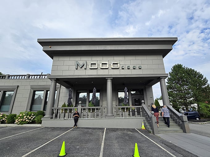 Modern steakhouse architecture meets serious beef business - those columns aren't just for show, they're supporting carnivore dreams.