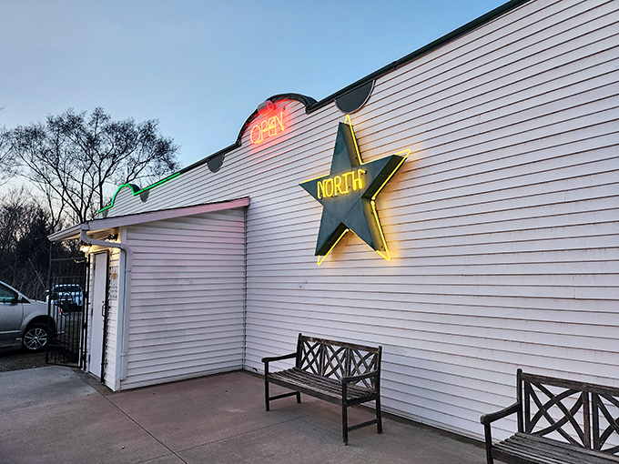 The glowing North Star sign welcomes hungry travelers like a beacon of hope for empty stomachs.