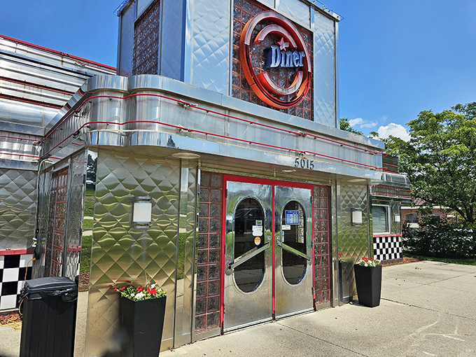 The gleaming silver exterior of Pleasant Hill Diner shines like a time machine to the 1950s, complete with those classic red accents.