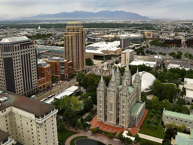 Downtown Salt Lake City gleams like a jewel box, with the iconic Temple Square nestled among modern high-rises. Utah's capital balances history and progress beautifully.