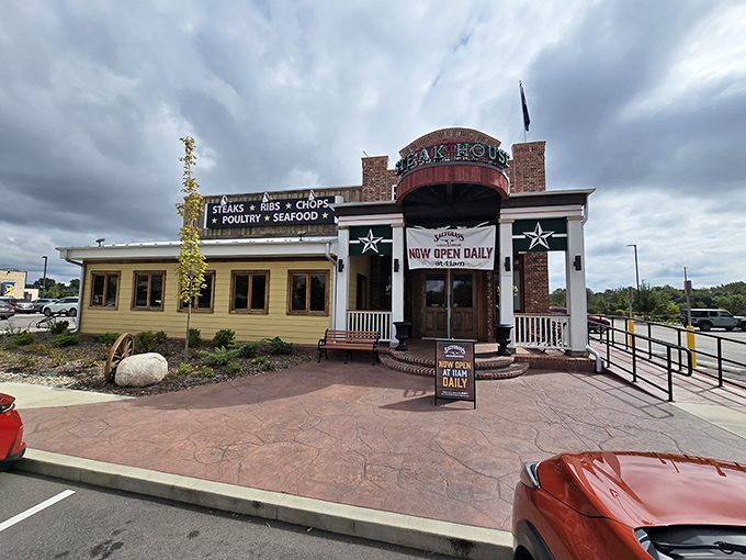 Saltgrass Steak House beckons with its rustic brick entrance &ndash; like a Texas ranch that took a wrong turn and landed in Mishawaka. In a good way!