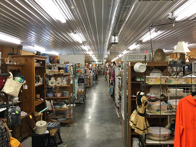 Endless aisles of possibility! This treasure-filled corridor at Shenandoah Flea Market is where family heirlooms find their second chance.