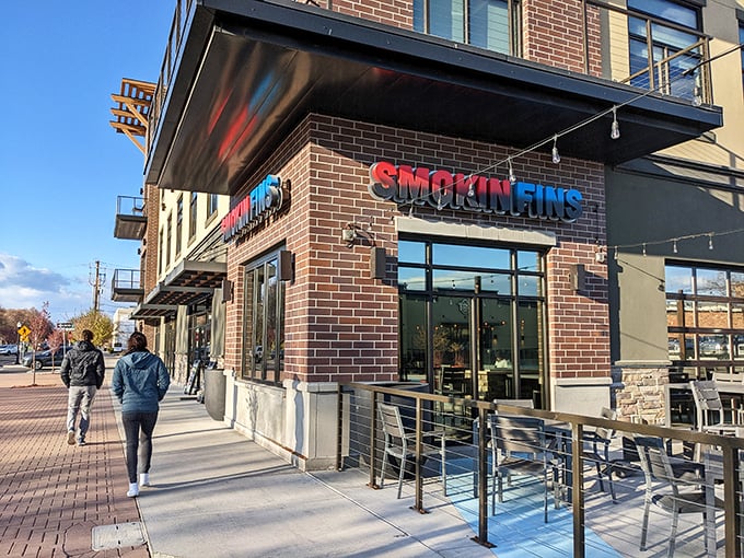 Smokin Fins brings a modern twist to seafood in Idaho Falls, where the bold red sign promises ocean treasures in the most unexpected places.
