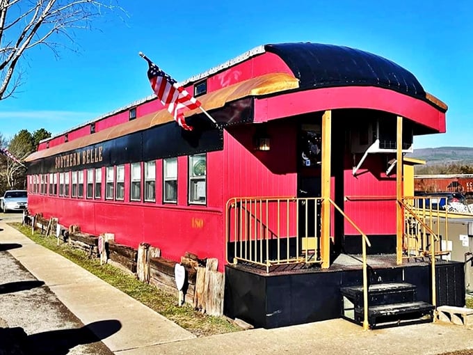 All aboard the flavor express! This vintage red railcar serves up comfort food with a side of nostalgia.