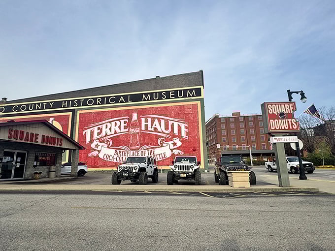Square Donuts exterior: Where donuts dare to break the mold! This Terre Haute institution proves circles are for conformists.