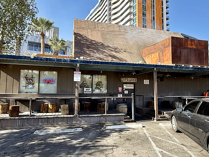 The Chuck Box exterior looks like it was plucked from an old Western movie set. This wooden shack houses burger magic that locals have treasured for generations.
