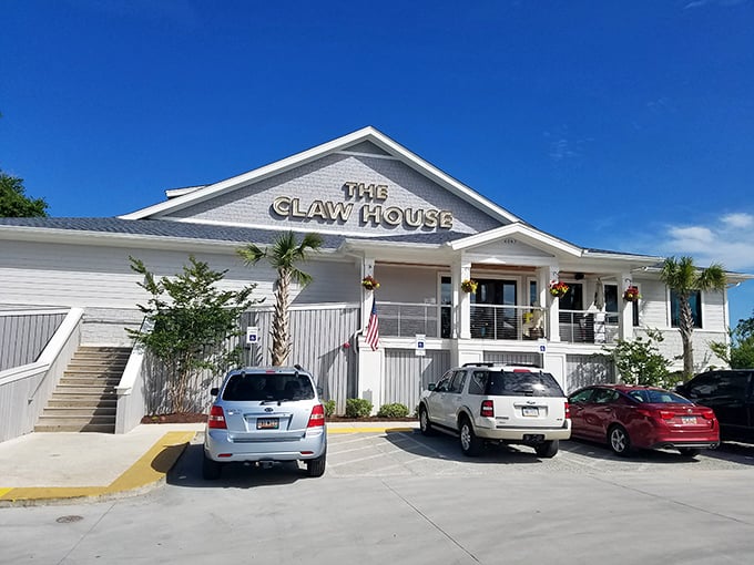 The Claw House stands proudly in the sunshine, a white beacon of seafood salvation for hungry coastal travelers.