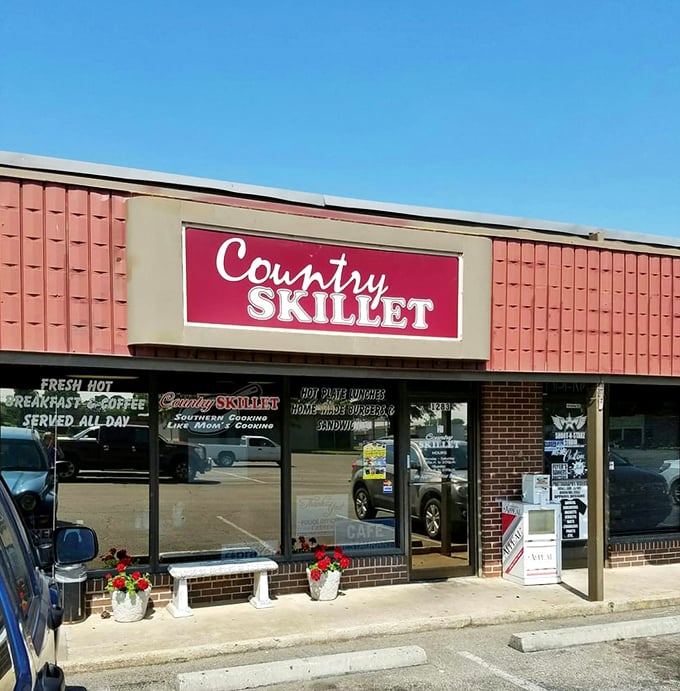 The Country Skillet's iconic red sign promises "Southern Cooking Like Mom's" &ndash; if your mom happened to be a breakfast wizard with a PhD in biscuit-making.