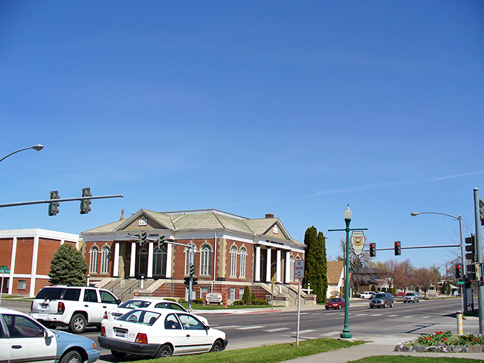 Downtown Twin Falls showcases its historic charm with a stately brick building standing proudly under Idaho's famously big blue sky.