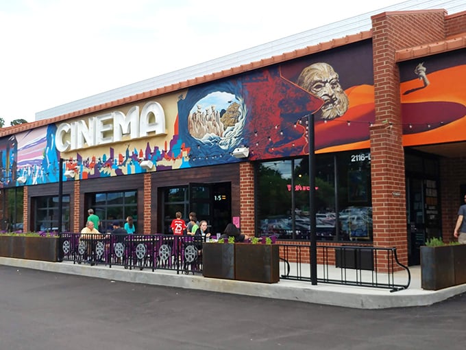 Video Vortex's vibrant exterior is like stepping into a movie poster come to life. Cinema and cuisine unite in this colorful Raleigh hotspot!