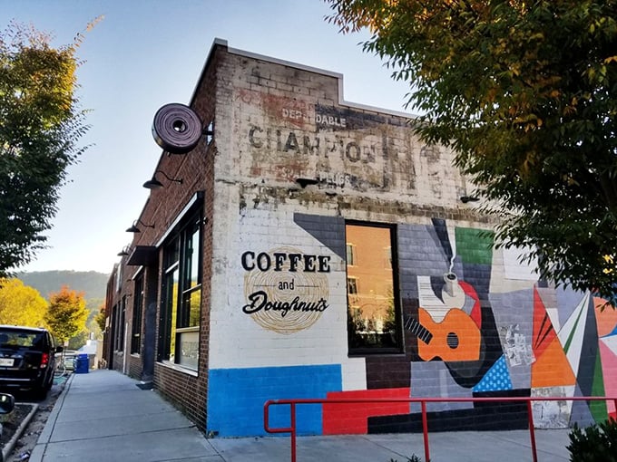The old Champion building finds new life as Vortex Doughnuts. Street art and sweet treats &ndash; Asheville's perfect combo!