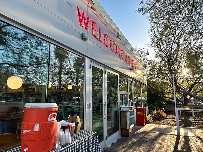 Welcome Diner's iconic red sign glows like a beacon for burger lovers. This Phoenix gem promises comfort food with a side of nostalgia.