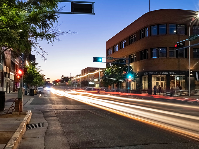 Downtown Albuquerque comes alive at dusk, when street lights create a magical glow and budget-friendly eateries welcome diners.