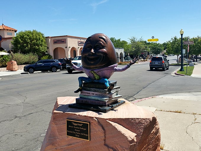Downtown Boulder City welcomes visitors with quirky public art &ndash; this smiling egg sculpture might just be the most cheerful bookworm in Nevada!