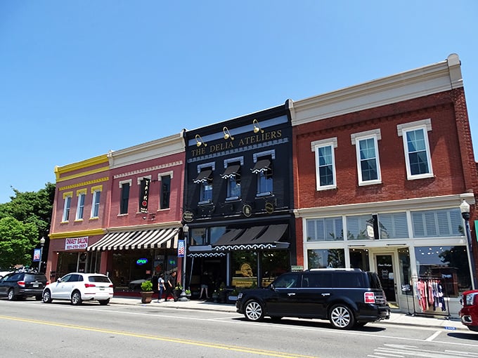 Bold colors, classic facades, and a barbershop pole that practically yells, &ldquo;Slow down and stay awhile.&rdquo;