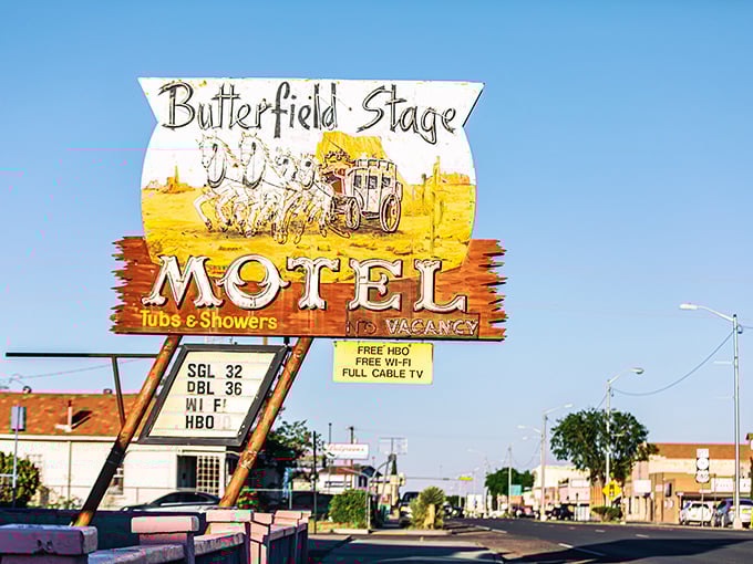 The iconic Butterfield Stage Motel sign stands as a colorful reminder of Deming's rich history and budget-friendly charm.