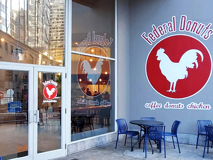 The clean lines and bright red accents of Federal Donuts' exterior hint at the modern flavor combinations waiting inside.