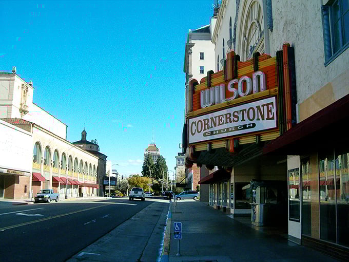 Fresno's Wilson Theatre marquee brings small-town charm to California's fifth-largest city, where retirement dollars stretch like saltwater taffy.