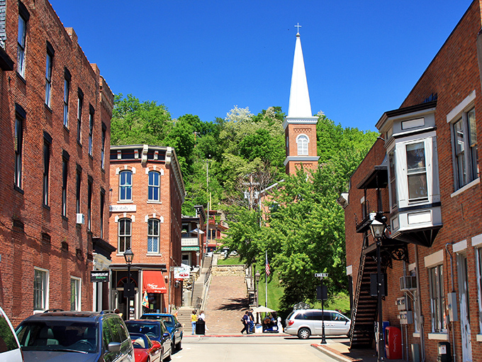 The church steeple peeks above historic buildings, as if to say "Hey, don't forget to look up in Galena!"