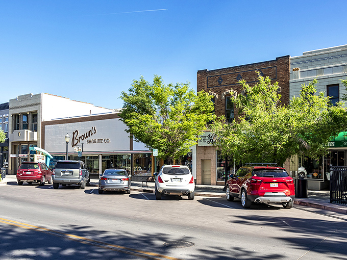 Brown's Shoe Fit Co. anchors this charming Main Street scene. Small-town shopping without big-city prices&mdash;exactly what your Social Security check ordered!